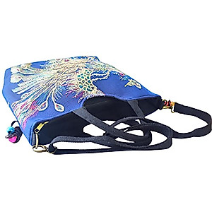 Vintage Shoulder HandBags for Women,Tote Handbags,Ladies Travel Hobo Handbag With Sparkly Sequins Phoenix Embroidered (Blue)