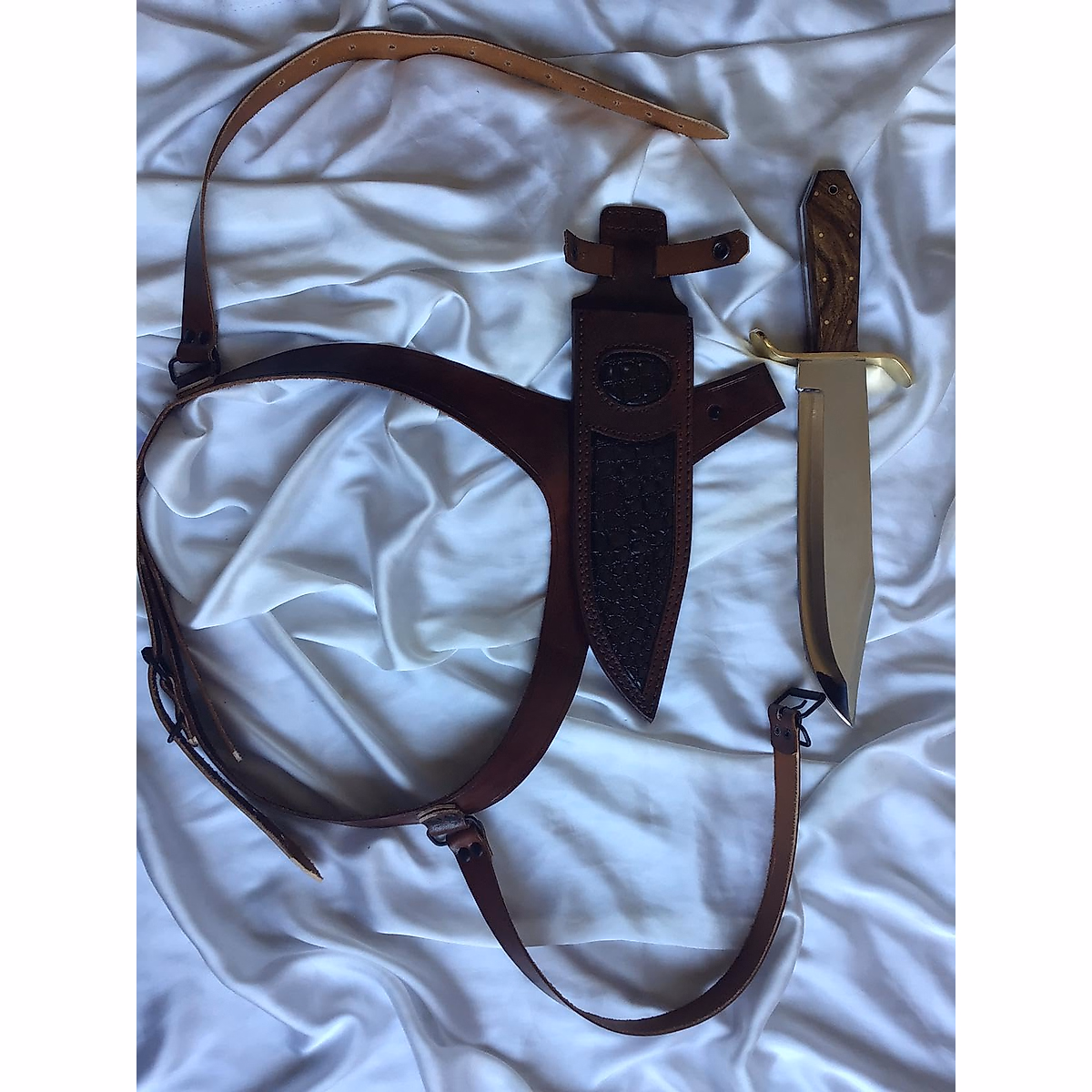 Hunter's Edge 14'' Fixed Blade Gold Rush Bowie Knife,12C27M Stainless Steel, Wood Handle, Leather Sheath with chest Belt