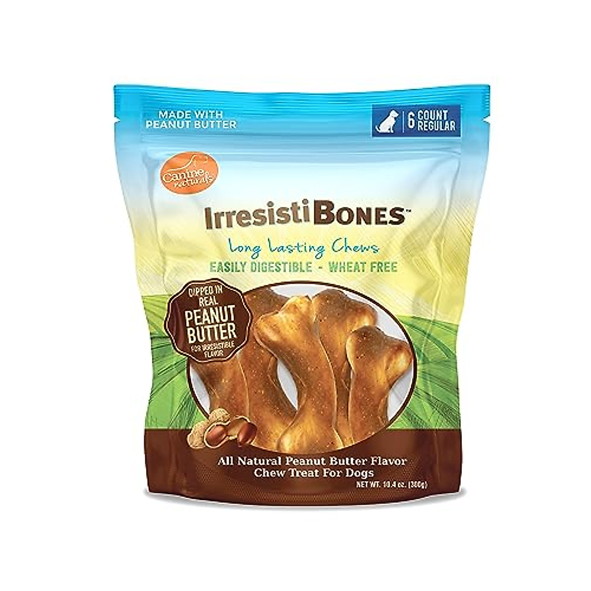 Canine Naturals IrresistiBONES Long Lasting Peanut Butter Chew - Made with Real Peanut Butter - All Natural and Easily Digestible - 6 Pack