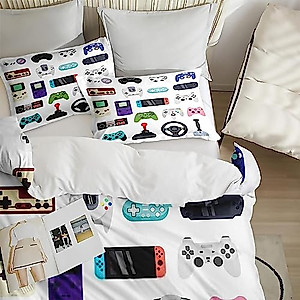 Duvet Cover Twin Size, Game Gaming Retro Wireless Bedding Set with Zipper Closure for Kids and Adults, Wheel Gamepad Steering Comforter Cover with Pillow Sham for Bedroom Bed Decor