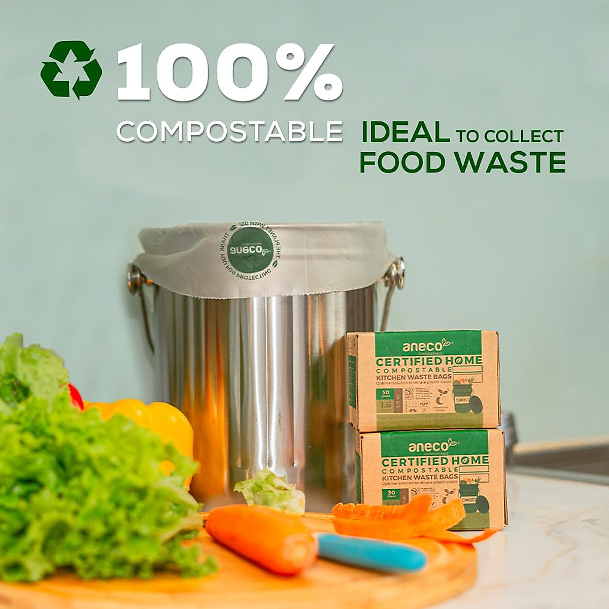 ANECO 100% Home Compostable Food Waste Bags (1.6 Gallon Trash Bags, 50 Count), Small Kitchen Compost Bags for Countertop Bin, Certified by BPI (ASTM D6400), TUV Austria & OK Compost Home