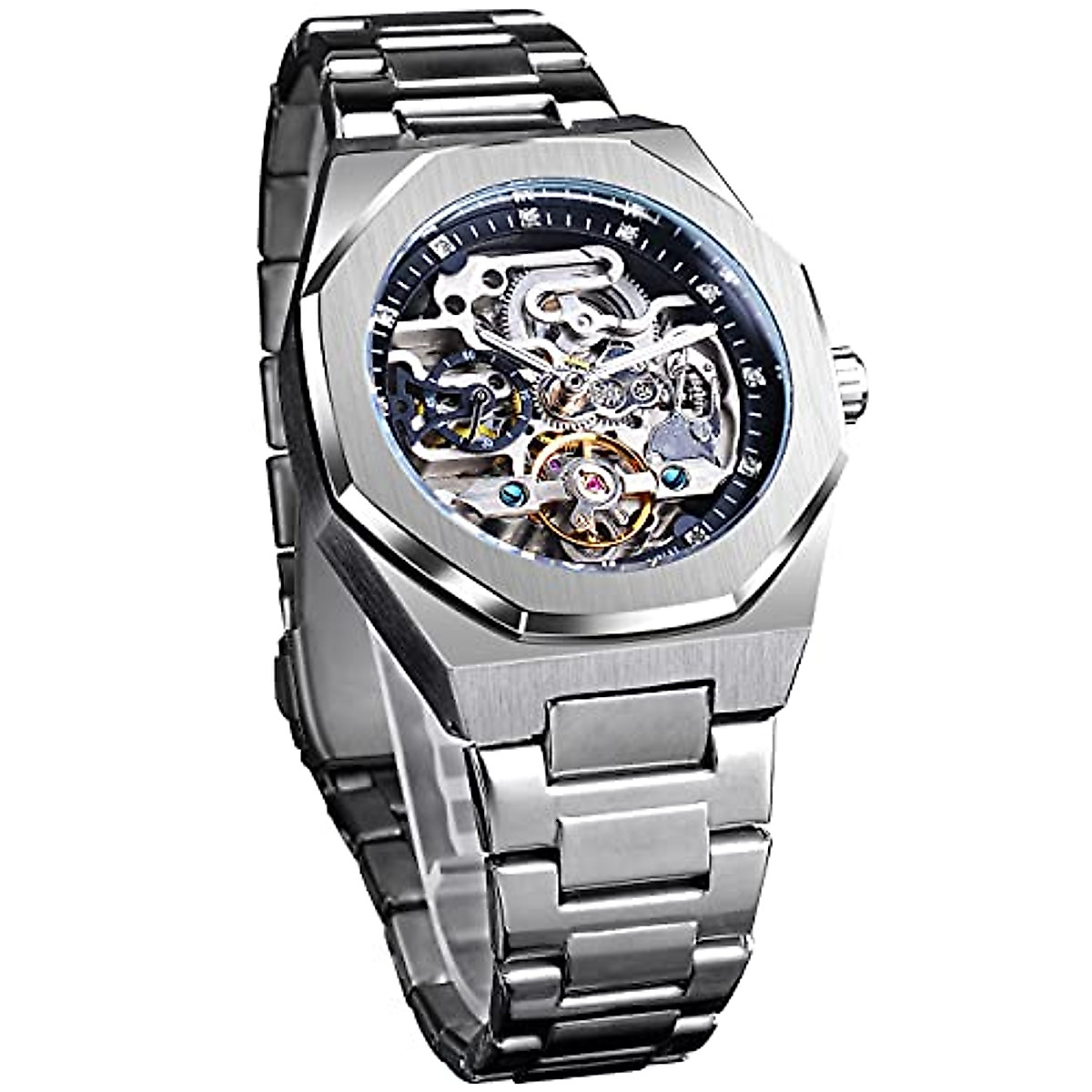 FORSINING Automatic Watch Mechanical Wrist Watch for Men Octagonal Waterproof Skeleton Watches Luxury Diamond Tourbillon Silver Stainless Steel Band