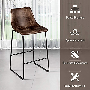 COSTWAY Set of 2 Bar Stools, Vintage Faux Suede Bar Stools, with Metal Legs, Back and Footrest, Upholstered Stools for Home Kitchen, Pub (Brown, 4)