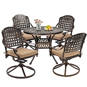Grepatio 5 Piece Outdoor Dining Set Cast Aluminum Patio Dining Set Table and Chairs Outside Furniture 4 Mesh Swivel Chairs with Khaki Cushion and 1 Umbrella Round Dining Table for Lawn Garden Patio