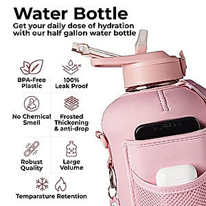 Half Gallon 2.2L Water Bottle With Straw 74oz Large Gym Water Bottle With Storage Sleeve, Bottle Brush, BuiltIn Wallet, Pockets for Phone & AirPod, BPA Free Big Sports Water Jug w/Carry Handle, Pink