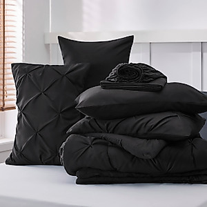Bedsure Full Comforter Set Black - Bed in a Bag Full Size 7 Pieces, GentleSoft™ Pintuck Bed Set Gift for Family, Pinch Pleat Black Comforter with Sheets, Pillowcases & Shams