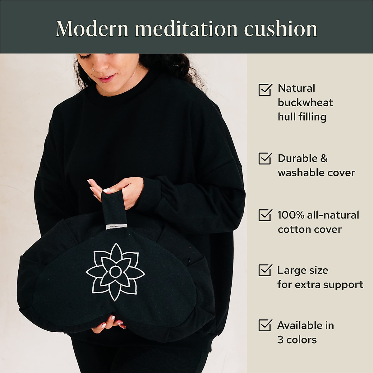 Mindful & Modern Large Meditation Cushion | Zafu Yoga Bolster Meditation Floor Pillow Seat | Buckwheat Hull Filled Crescent Shaped Cushion with Removable Washable Cover + Carry Handle (Minimal Black)