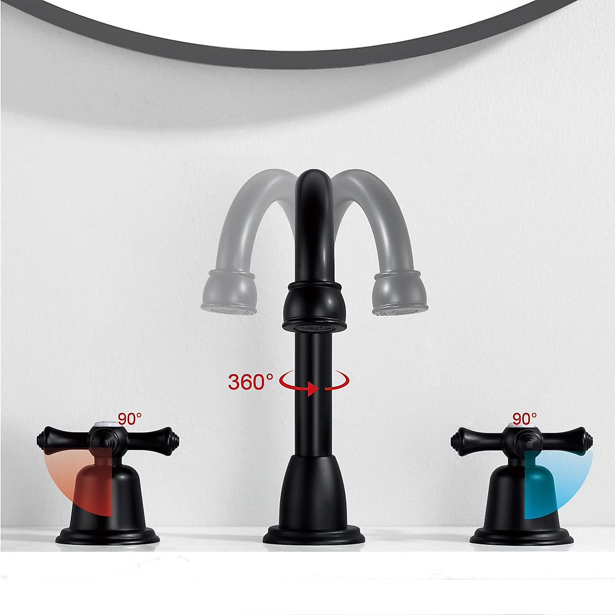 RKF Bathroom Faucets for Sink 3 Hole Matt Black 8 inch Widespread Bathroom Sink Faucet with Drain 2 Handles Cross Knobs Faucet Bathroom Vanity Faucet Basin Mixer Tap Faucet with Hose & Deck CWF039-MB