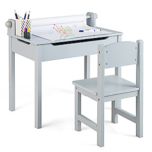 Costzon Kids Table and Chair Set, Flip Top Kids Art Craft Table w/Chair for Playroom Kindergarten, Toddler Drawing Writing Desk Set w/Paper Roll & 2 Markers, Gift for Boys Girls Ages 3+ (Gray)