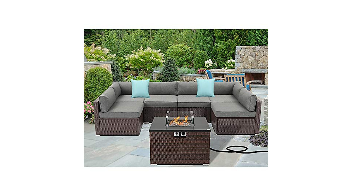 SUNBURY Outdoor Sectional Sofa & Fire Pit Set | Patio Furniture
