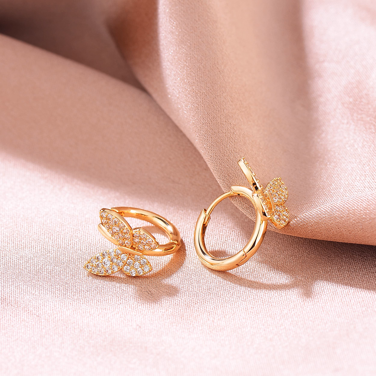 Butterfly Huggie Hoop Earrings 14K Gold Plated Cubic Zirconia Dainty Butterfly Hoop Earrings Hypoallergenic Sleeper Hoops Earrings for Women Jewelry Gift