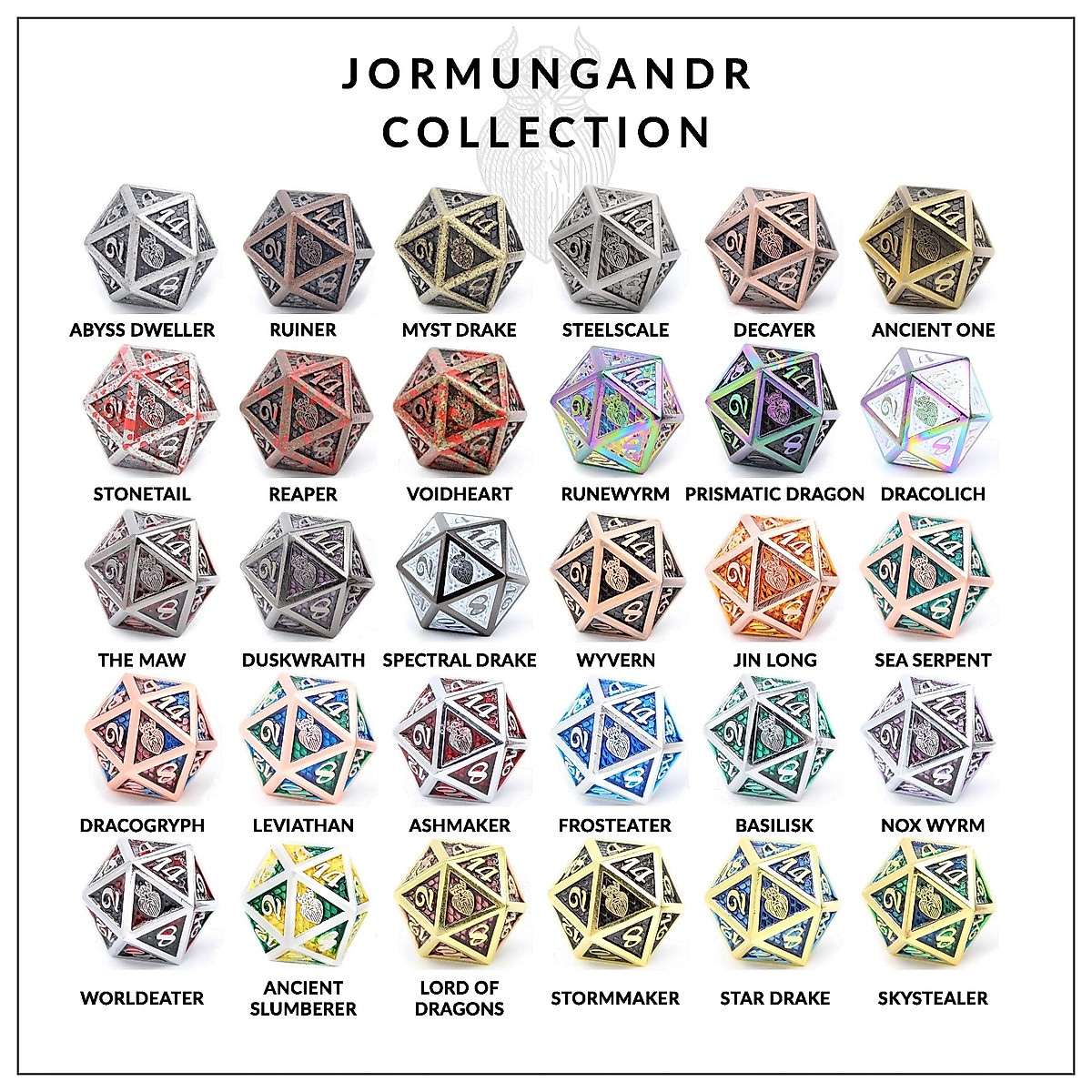 HEIMDALLR Metal DND Dice Set 7 pcs - Dragonhide Design, 16mm Size, Logo on D20; Metal Dice Set & Dice Box; D&D Dice Set D&D (Dungeons and Dragons Dice Set) - Jormungandr Series (Frosteater)
