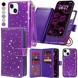 Varikke for iPhone 13 Wallet Case Detachable with Card Holder for Women, Fashion Glitter PU Leather Wrist Strap Strong Magnetic Flip Wallet Removable Phone Case Cover for iPhone 13 6.1", Dark Purple