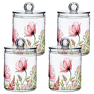 BOENLE 2 Pack Qtip Holder Dispenser Pink Rose Flwer Glass Floral Storage Canister Bathroom Acrylic Plastic Apothecary Jars Vanity Organizer Lid for Cotton Swab/Ball/Pad