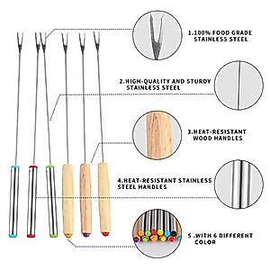 24 Pack 9.6 Inch Stainless Steel Fondue Forks, 12 Wood Handles and 12 Stainless Steel Handles, Heat Resistant Smores Sticks for Roast Meat Chocolate Dessert Cheese Marshmallows (6 Colors)