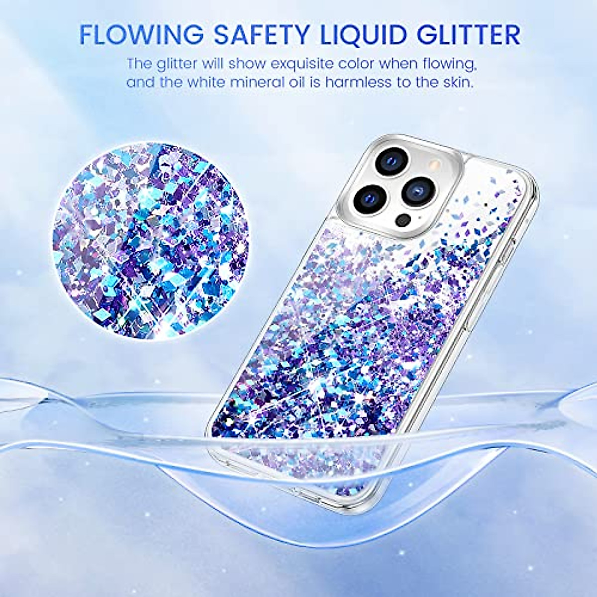 Caka Designed for iPhone 14 Pro Case, iPhone 14 Pro Case 2022 Glitter Bling Sparkle for Women Girls Liquid Floating Quicksand Cover with Screen Protector Phone Case - Blue Purple