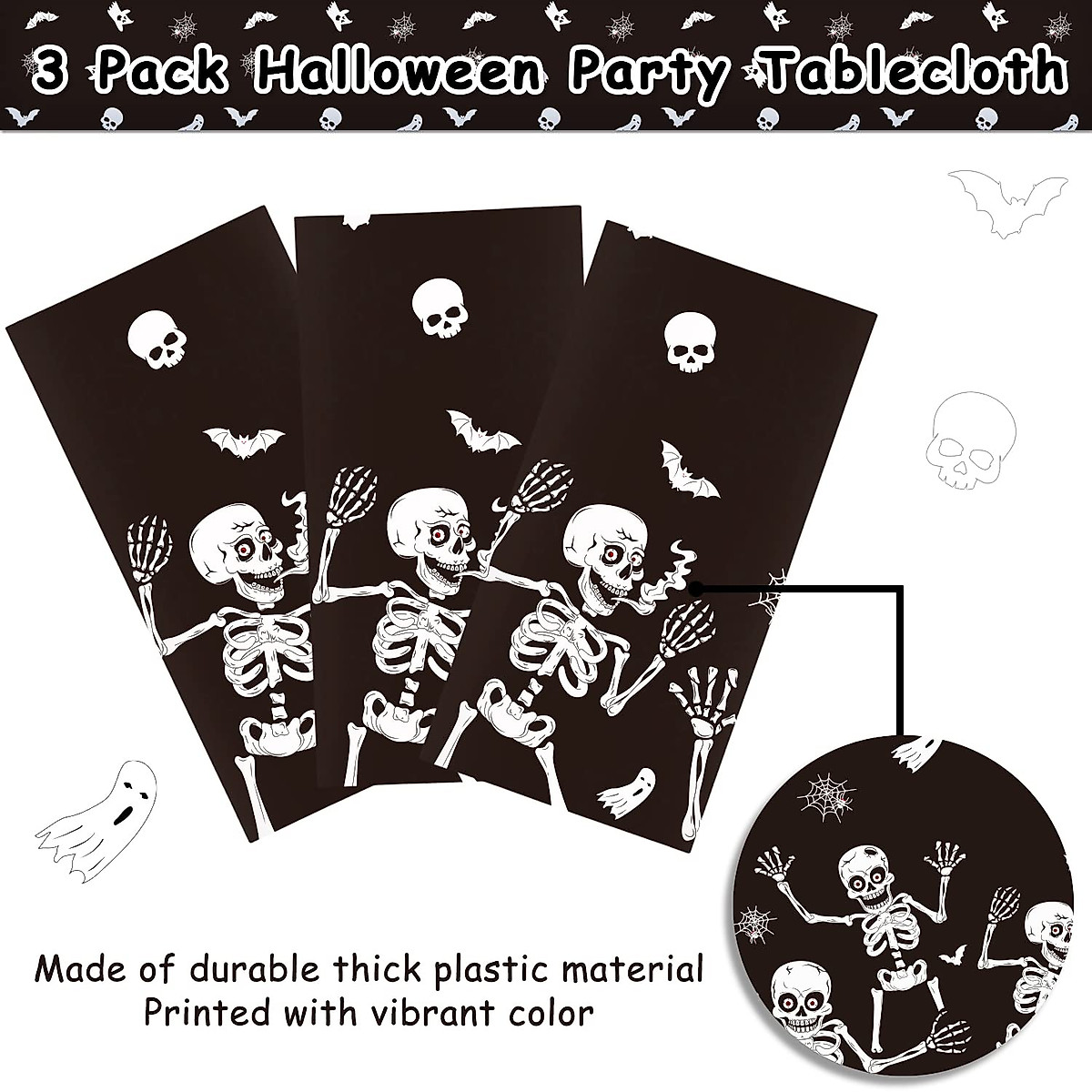 3 Pack Halloween Skeleton Tablecloth, Halloween Tablecloth Party Decorations, Plastic Skull Tablecover Backdrop Background Banner for Halloween Haunted House Party Decoration and Supplies, 54 x108Inch
