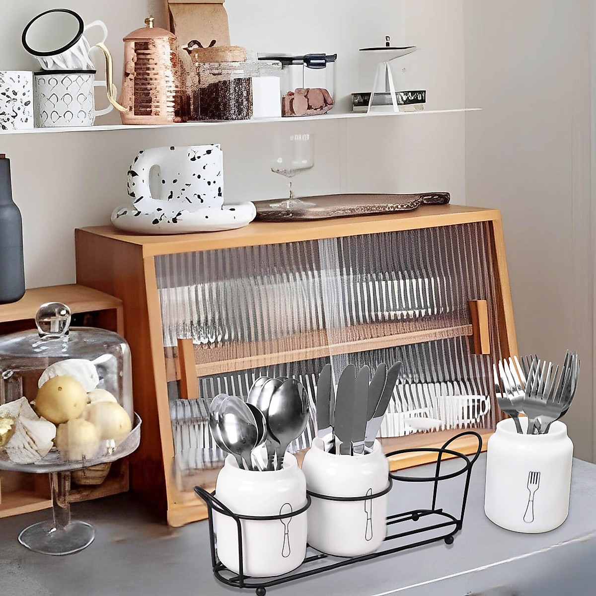 CLOTHUP Ceramic Silverware Caddy, Utensil Caddy with Metal Holder, Countertop Silverware Utensil Organizer Holder, Knives Spoons and Forks Utensil Organizer Holder for Kitchen and Party