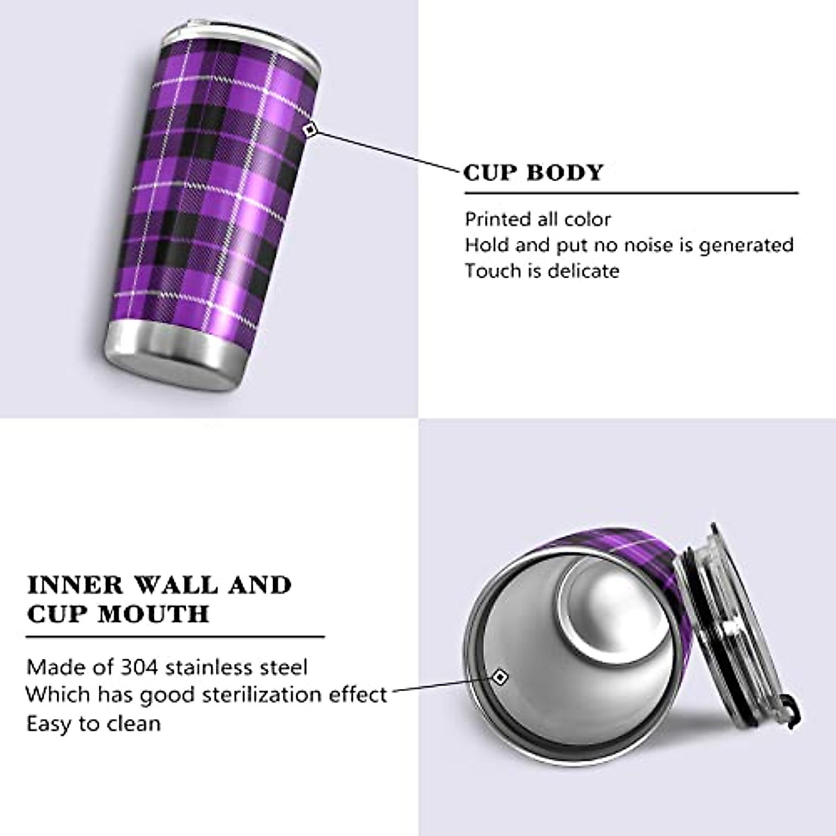 20oz Tumbler Bottle with Lid and Straw Purple Black Tartan Plaid Insulated Coffee Ice Cup Vacuum Stainless Steel Shaker Bottle Travel Mug Water Cup Gifts