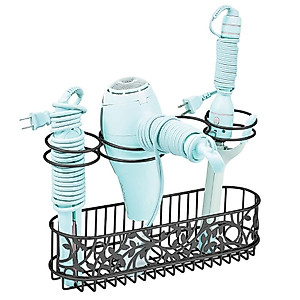 mDesign Steel Wall Mount Hair Dryer Holder, Styling Tool Storage Organizer Basket for Bathroom - Holds Hair Dryer, Flat Iron, Curling Wand, Hair Straighteners, Brushes - Arbor Collection - Matte Black