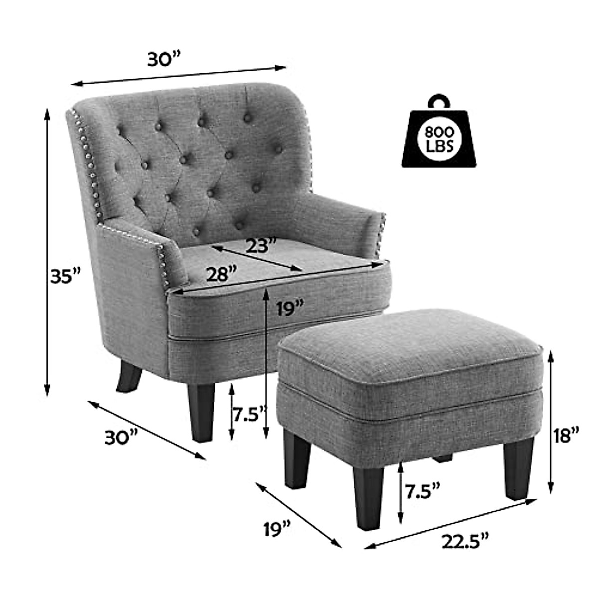 Rosevera Duilio Furniture Reading Living Room Comfy Bedroom Accent Chair and a Half, Standard, Polyester Light Grey with Ottoman