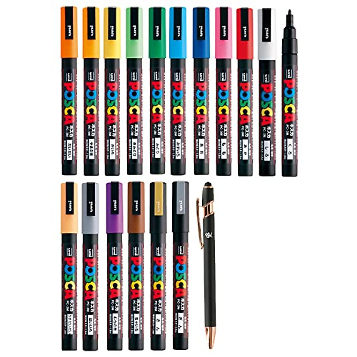 Uni Paint Marker Poster Color 17 Marking Pen Fine Point PC-3M 15 Standard & Gold,Silver Set With Kanji LOVE Sticker