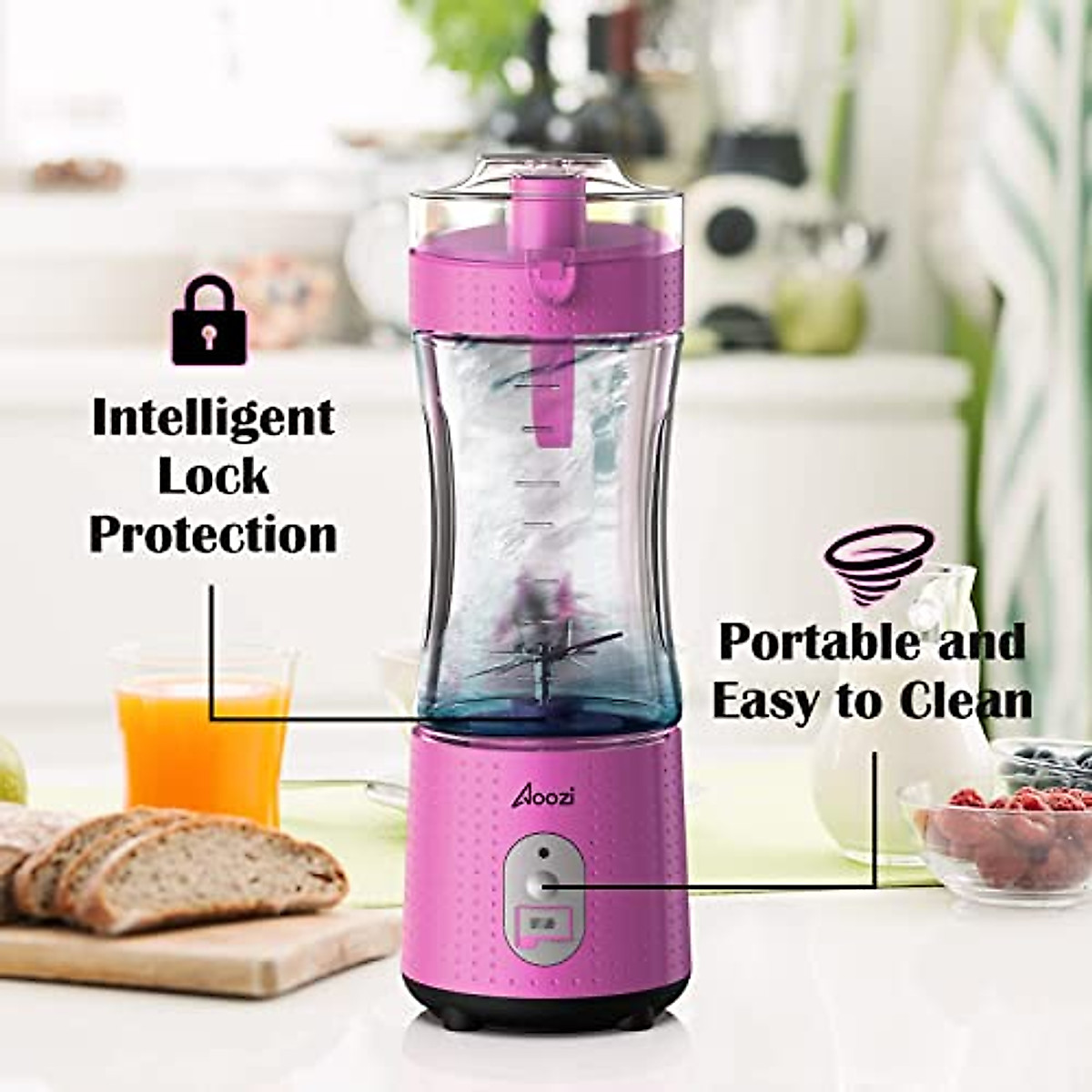 Personal Size Blender Smoothies and Shakes, Aoozi Portable Blenders, Mini Blender USB Rechargeable, Handheld Blender Sports,Travel and Home (Rasberry)