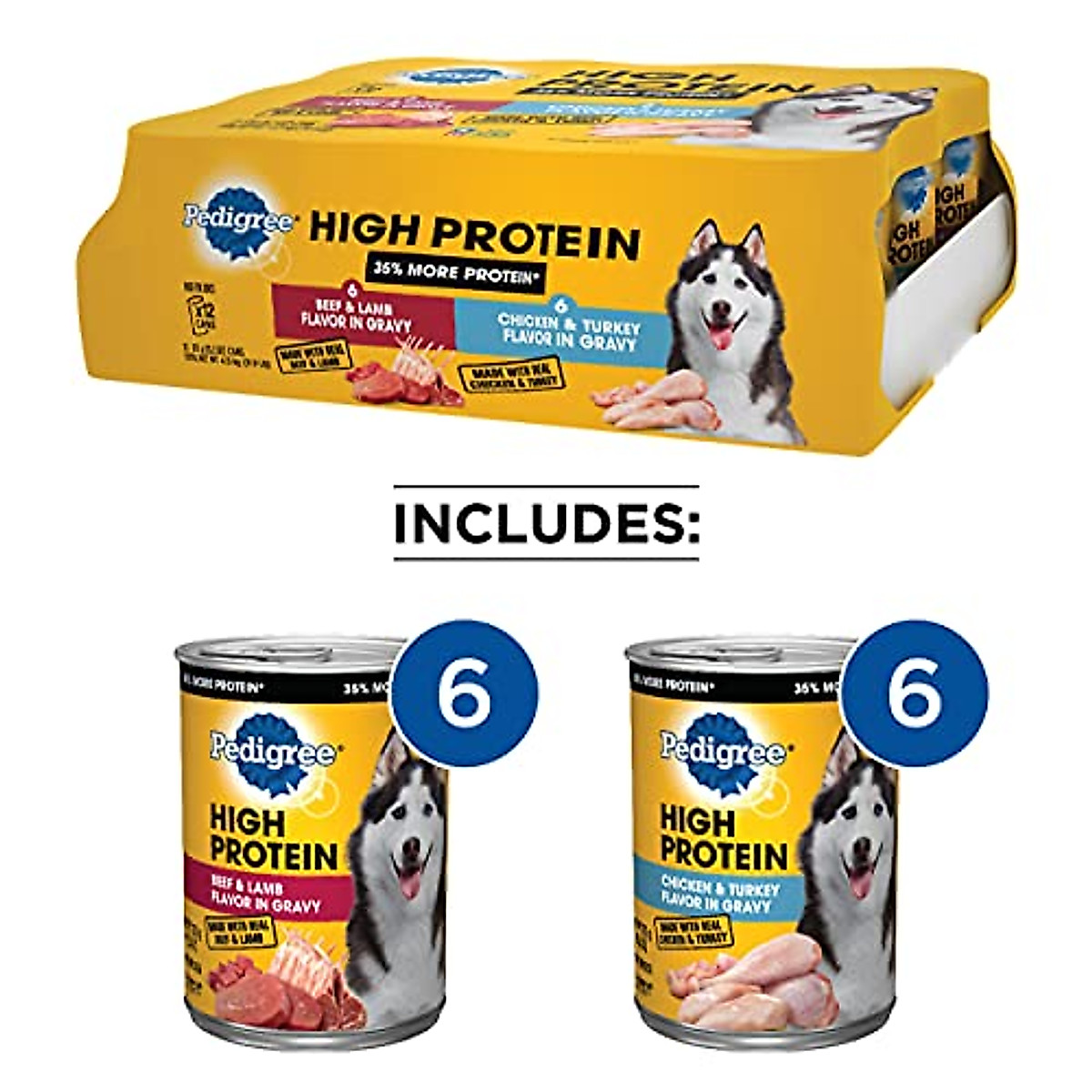 PEDIGREE High Protein Adult Canned Wet Dog Food Variety Pack, Chicken & Turkey Flavor in Gravy and Beef & Lamb Flavor in Gravy, (12) 13.2 oz. Cans