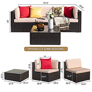 Homall 4 Pieces Patio Outdoor Furniture Sets, All Weather PE Rattan Wicker Sectional Sofa Modern Manual Conversation Sets with Cushions and Glass Table for Lawn Backyard Garden Poolside（Beige）