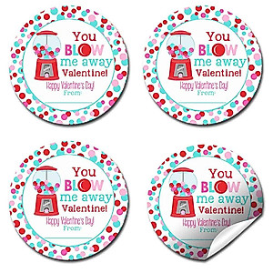 You Blow Me Away Bubble Gum Valentine Party Favor Sticker Labels for Kids, 40 2" Party Circle Stickers by AmandaCreation, Great for Classroom Valentines, Envelope Seals, Gifts & Treats
