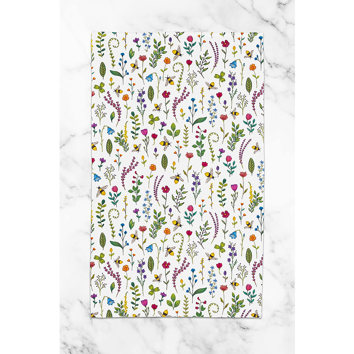 Spring Flower Print Hand Towel - Bumblebee Kitchen Towel - Bathroom Hand Towel - Cotton Terry Cloth - 15"x25"