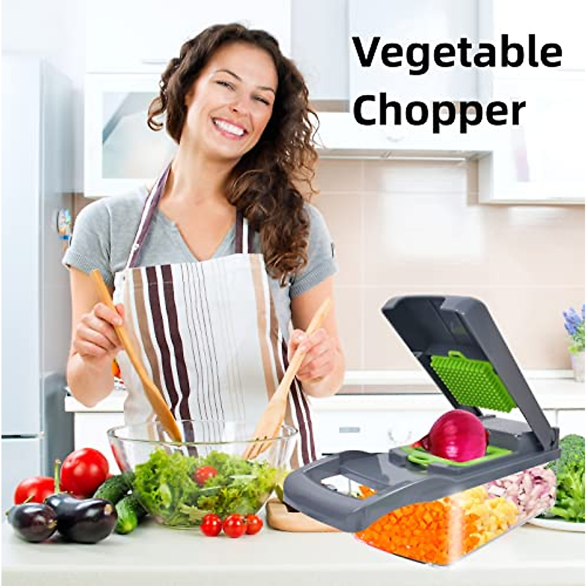 WmanCok Vegetable Chopper,12-in-1 Multifunctional Veggie Chopper,Grey Kitchen Vegetable Slicer Dicer Cutter,Potato Onion Food Chopper with Vegetable Peeler,Hand Guard and Container