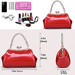 ZiMing Shiny Patent Leather Handbags Women Vintage Kiss Lock Tote Bags with Metal Top Handle Purses Evening Handbag Satchel Shoulder Bag Crossbody Bag with Long Shoulder Straps-Red