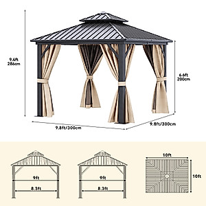 DWVO 10x10ft Hardtop Gazebo Double Roof with Nettings and Curtains, Heavy Duty Galvanized Steel Outdoor Vertical Stripes Roof for Patio, Backyard, Deck, Lawns, Brown