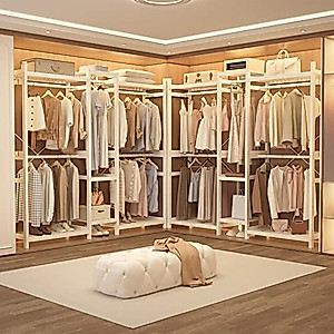 Hoiplu Bamboo Closet System Clothing Rack for Hanging Clothes, Large Garment Rack with Shelves and 5 Rods, 70”W x 77”H Heavy Duty Freestanding Clothes Rack Organizer for Wall-in Closet Bedroom, White