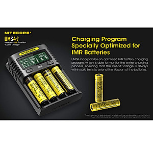 Nitecore UMS4 Intelligent USB Four Slot Quick Battery Charger for Li-Ion/Ni-MH/Ni-Cd/IMR 16340 14500 18650 21700 20700 AA AAA and More Batteries, with LumenTac Battery Organizer
