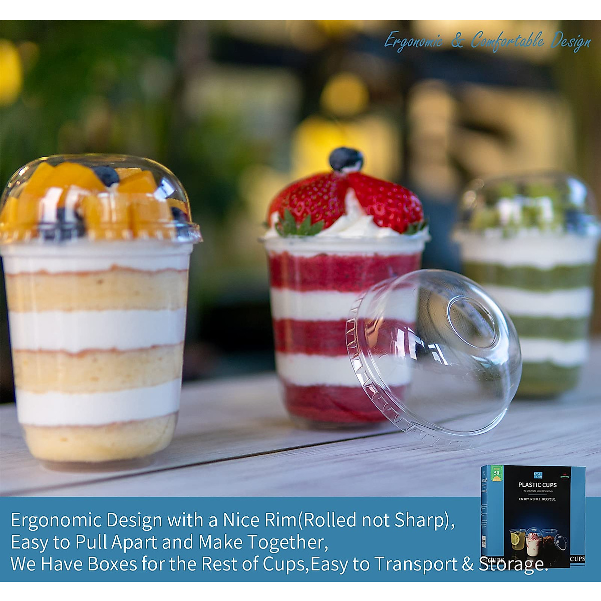 Songtaste 50 Pcs Disposable Plastic Cups,12 Oz Clear Plastic Parfait Cups with Dome Lids and No Hole,Dessert Yogurt Fruit Cups for Kids,Take Away Breakfast and Snacks,Cold Drinks,Ice Cream,Fruit Iced