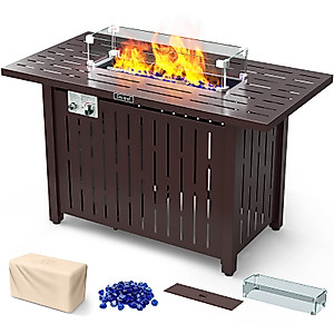 Cecarol 43in Glass Shield Outdoor Propane Gas Fire Pit Table Electronic Pulse Ignition w/Glass Rock, Waterproof Cover, 50,000 BTU CSA Certification for Outside Garden Patio Party (Brown)