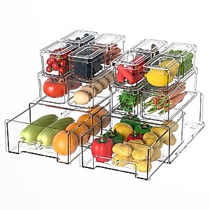 damynuo 14Pack Fridge Organizer Bins, Clear Refrigerator Organizing Containers with Lids and Refrigerator Drawers, Stackable Food, Vegetable and Fruit Containers for Fridge Organizers and Storage