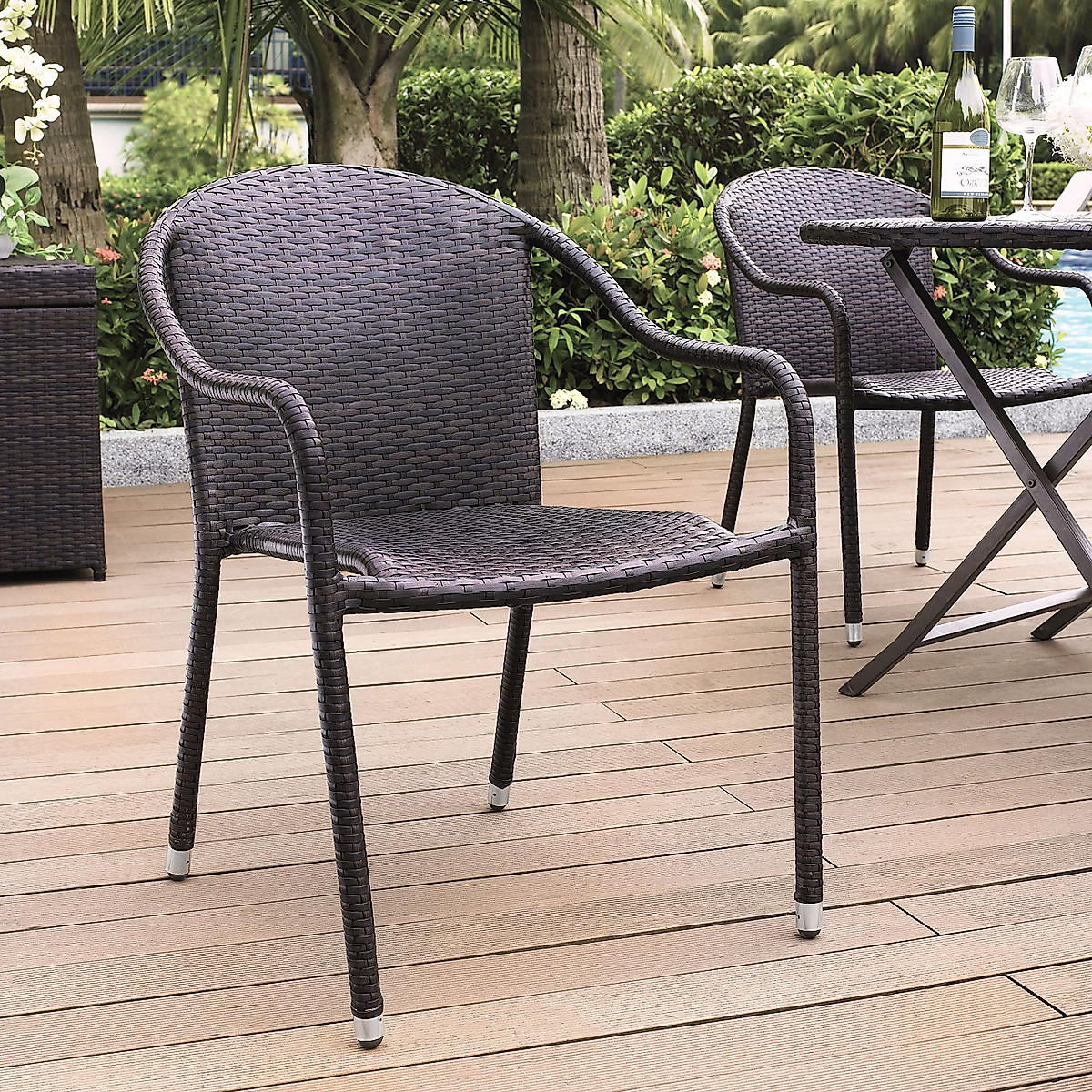 Crosley Furniture Palm Harbor 4-Piece Stackable Outdoor Chair Set, Wicker Patio Chairs for Dining, Porch, Brown