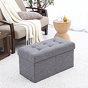 Ornavo Home Foldable Tufted Linen Large Storage Ottoman Bench Foot Rest Stool/Seat - 15" x 30" x 15" (Grey)