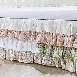 Brandream Luxury Girls Nursery Bedding Farmhouse Floral Crib Bedding Patchwork Baby Blanket Set, 4 Piece Cotton Layered Ruffle Set Pink White Green
