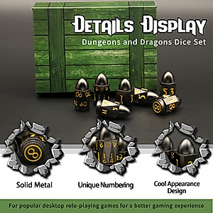 Bullet Dice Set Revolver, DND Dice Metal, ZHOORQI Gun Dice Set D and D Dice Gifts for Dungeons and Dragons, Pathfinder, Warhammer 40k, D&D, or Theme Tabletop Games（7Bullet-Black Gold）