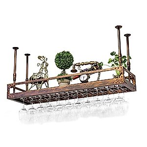 FIZDI Bar Unit Floating Shelves Ceiling Wine Racks,Bottle and Glass Holder,Hanging Stemware Glass Holder,Loft Vintage Wall Shelf Storage Rack Wall-Mounted,Industrial Home Decor Design/Brown/80X35Cm