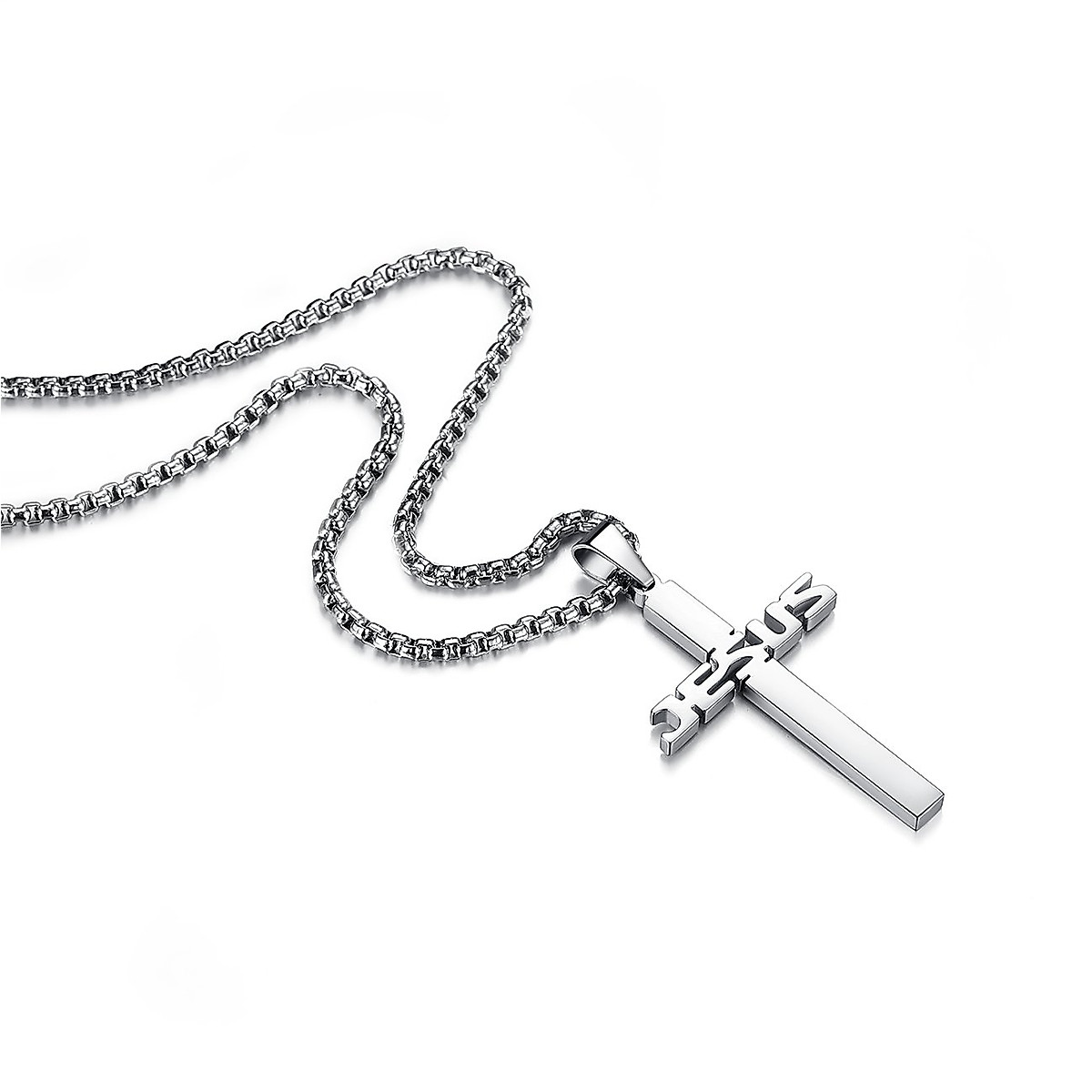 REVEMCN Stainless Steel Jesus Cross Pendant Necklace for Men Women 20-24 Inches Rolo Chain Christian Gifts for Men Faith