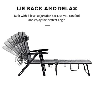 Outsunny Outdoor Folding Chaise Lounge Chair, Mesh Fabric Pool Chair with Adjustable Backrest, Pillow and Cup Holder for Poolside, Deck, and Backyard, Grey