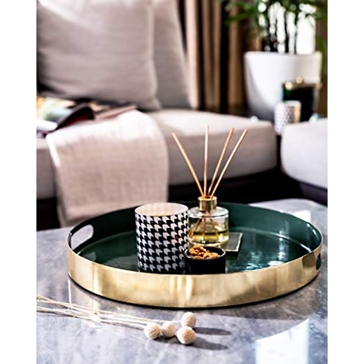 Serein Round Green Ottoman Tray for Living Room High Gloss Enamel Decorative Platter Gold Table Centrepieces Decor Gifts for Housewarming, Wedding, Friends & Family