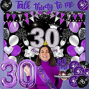 Balterever Talk Thirty to Me Birthday Decorations 30th Birthday Decorations Purple for Women with Talk Thirty to Me Banner Cake Topper 30th Birthday Backdrop 30& Fabulous Sash For Funny 30th Birthday