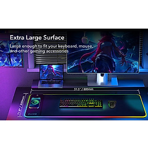 CLAVIO 15W Wireless Charging RGB Gaming Mouse Pad, LED Mouse Pad 31.5 x 12 inch Extra Large Mousepad Non-Slip Rubber Base, 10 Light Modes RGB Desk Mat for Gaming, MacBook, PC, Laptop, Desk