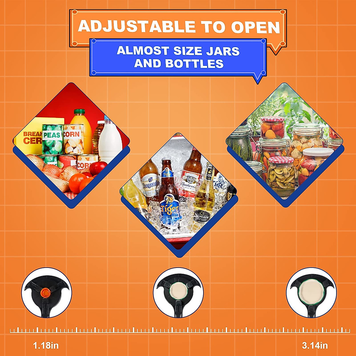 Powerful and Multifunctional Jar Opener for Seniors with Arthritis, Adjustable Jar Lid Opener for Weak Hands, 3-in-1 Labor-Saving Jar and Bottle Opener Opens Pop-Top Cans Beer Bottles Soda Cans
